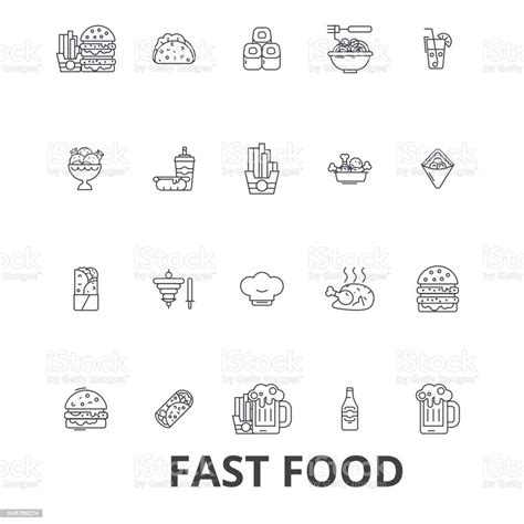 패스트 푸드 레스토랑 피자 햄버거 햄버거 정크 핫도그 감자 튀김 라인 아이콘 편집 가능한 스트로크입니다 평면 디자인 벡터 그림