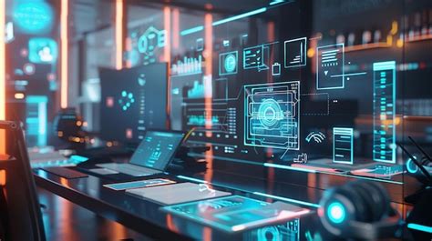 Premium Photo Futuristic Aipowered Workspace With Laptop And Monitor