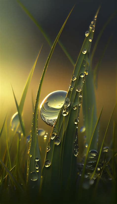 Closeup Of A Drop Of Dew On Grass With Nature In The Background Stock