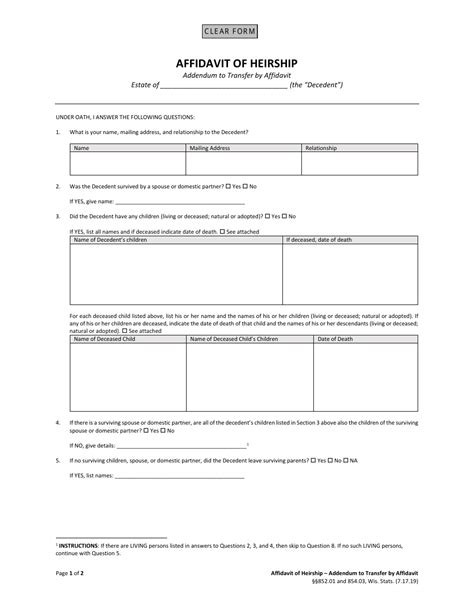 Wisconsin Affidavit Of Heirship Addendum To Transfer By Affidavit
