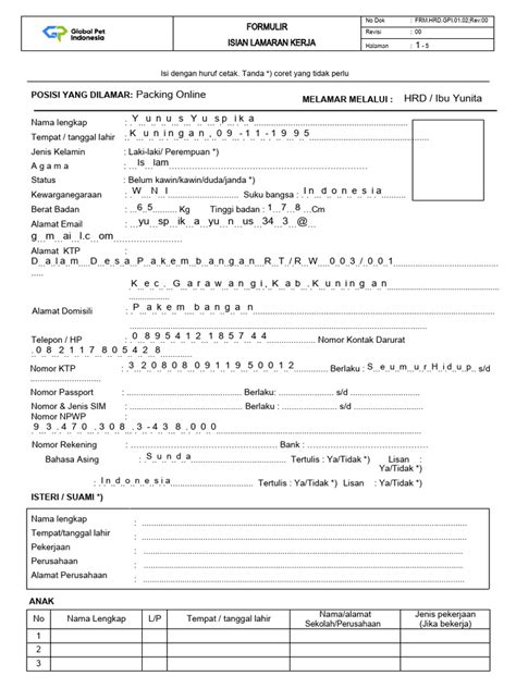 Form Isian Lamaran Kerja Pdf