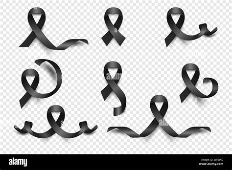 Vector 3d Realistic Black Ribbon Set Melanoma Cancer Awareness Symbol