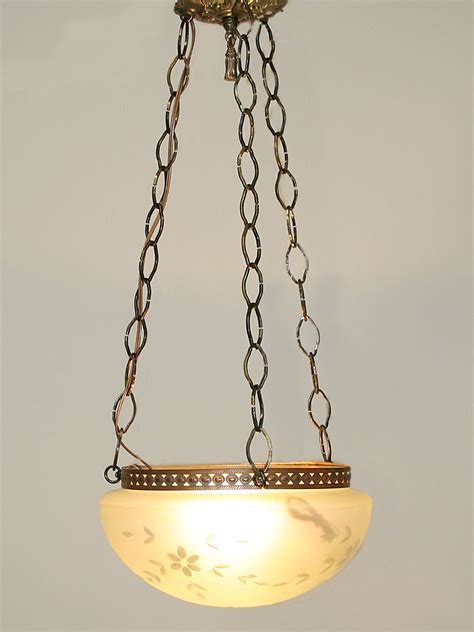 Etched Frosted Glass Bowl Fixture W Floral Design C 1920