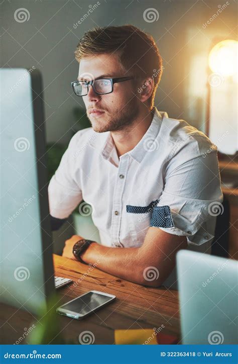 Man Computer And Night In Office For Report Research And Web Designer