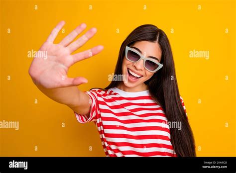 Photo Of Excited Cool Young Lady Wear Red Clothes Dark Glasses Showing