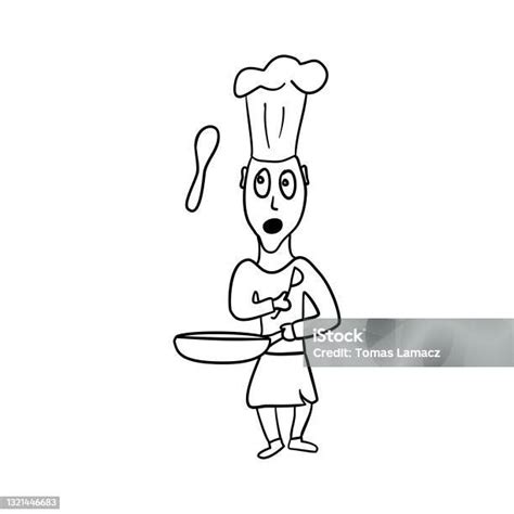 廚師把煎餅扔到平底鍋上手繪向量插圖在漫畫風格幼稚的著色書頁在白色背景上隔離的黑色筆劃向量圖形及更多人圖片 人 公共飲食地方 剪裁圖