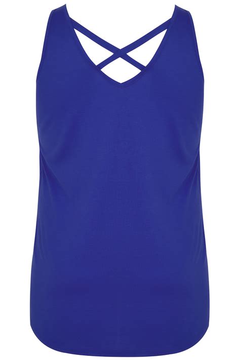 Cobalt Blue V Neck Vest Top With Cross Back Detail Plus Size 16 To 36