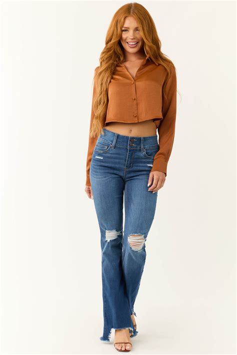 Rewash Medium Wash Fit And Flare Torn Hem Jeans Lime Lush Boutique