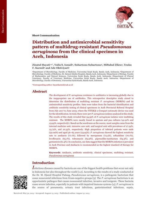 PDF Distribution And Antimicrobial Sensitivity Pattern Of Multidrug Resistant Pseudomonas
