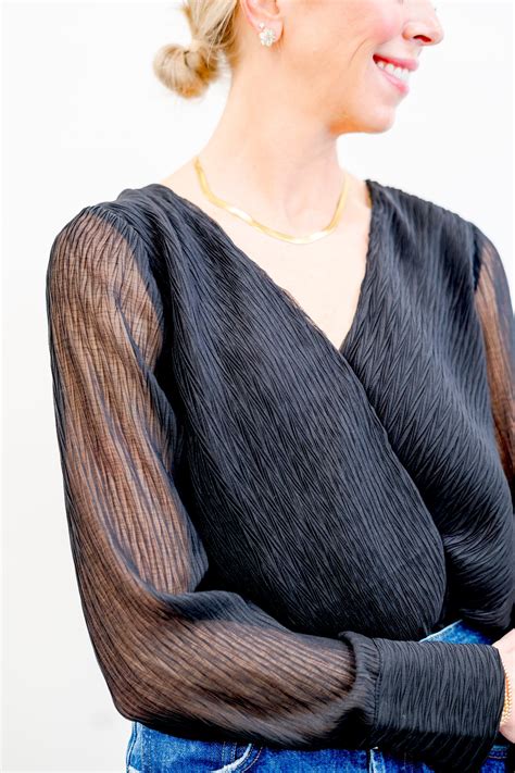 Pleated Sheer Sleeve Bodysuit In Black Minette Boutique