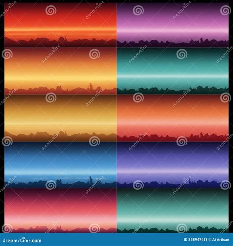 A Collection Of Abstract Landscapes Is Divided Into Twelve Rectangular Panels Stock