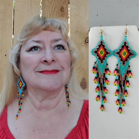 Native American Style Beaded Turquoise Firey Sunburst Earrings Shoulder Duster Loom