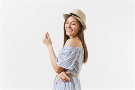 Tierna Mujer Encantadora Elegante Joven Vestida De Azul Lindo Sombrero