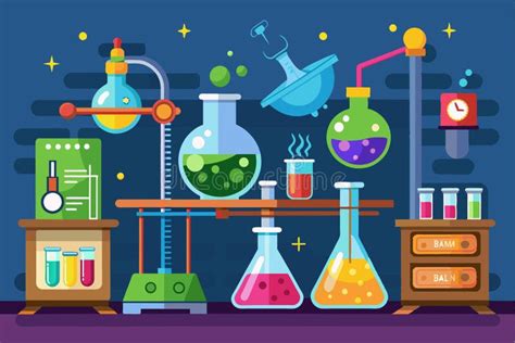 A Lively Chemistry Lab Features Colorful Beakers Flasks And Bubbling