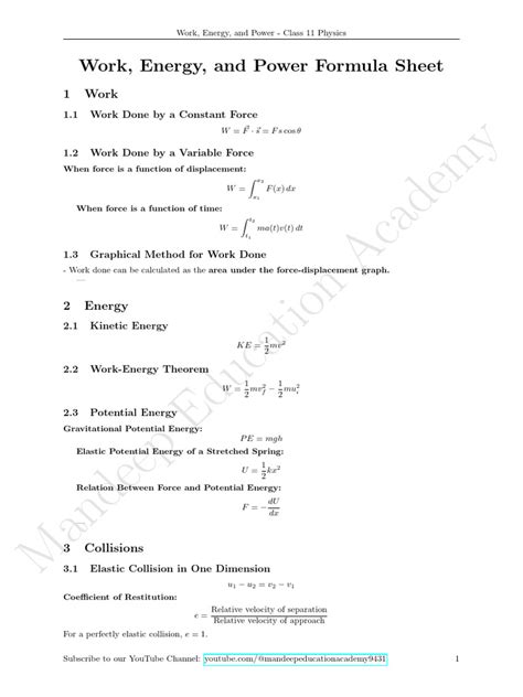 Work Energy Power Class 11 Formula Sheets Pdf Collision Force