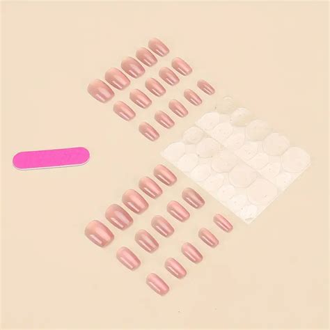 30피스 누드 글리터 프레스온 네일 세트 짧은 코핀 모양 풀 커버리지 여성 및 소녀용 재사용 가능 인조 네일 젤리