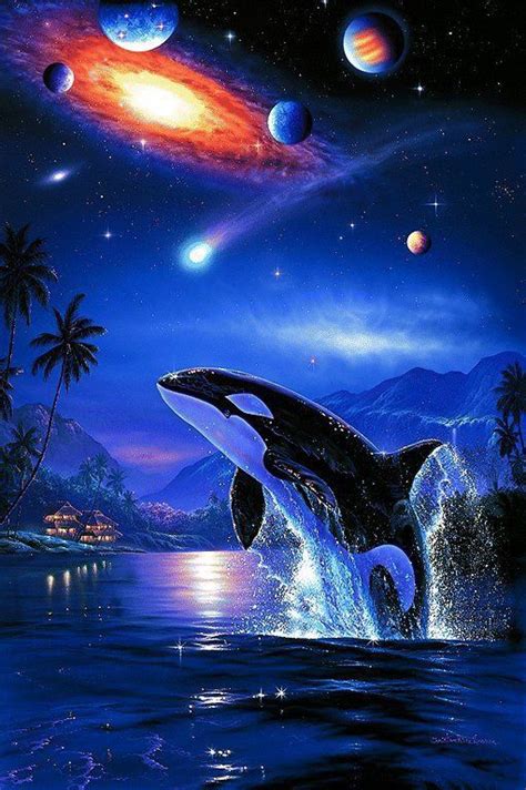 Orca Jumping With Planets Background