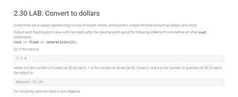 Solved 230 Lab Convert To Dollars Given Three Input Values