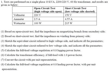Solved 1 Tests Are Performed On A Single Phase 10 Kva