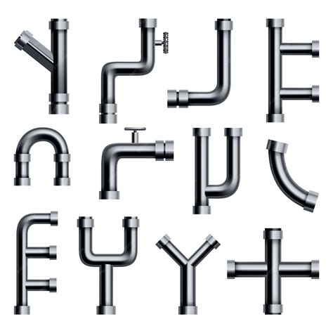 금속 파이프라인 세트 연결 및 밸브가 있는 산업용 도관 물 또는 가스용 3d 광택 스테인리스 스틸 튜브 엔지니어링 배관 시스템의 요소 프리미엄 벡터