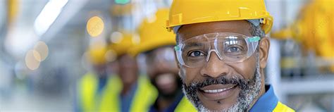 Happy African Engineer With Safety Helmet And Bookeh Background