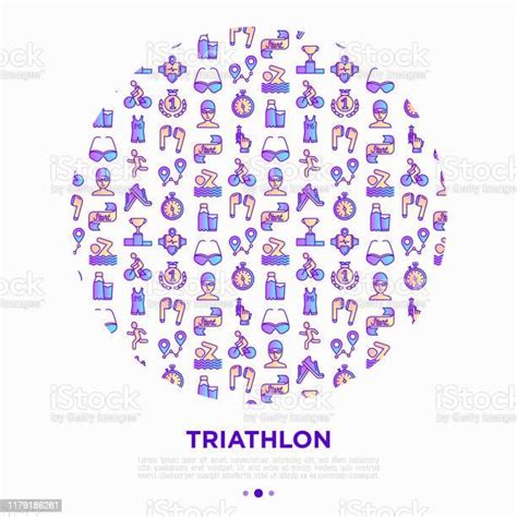 얇은 라인 아이콘원형 트라이 애슬론 개념 주자 수영 사이클링 경주 스톱워치 시작 총 스포츠 안경 시작 승리 성공 스포츠 웹