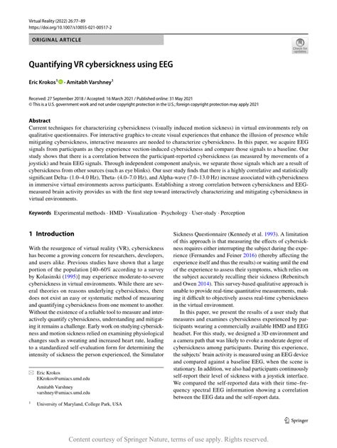 Pdf Quantifying Vr Cybersickness Using Eeg