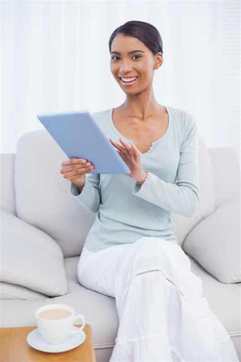 Smiling Attractive Woman Using Her Tablet Computer Stock Image Image Of Apartment Quarter