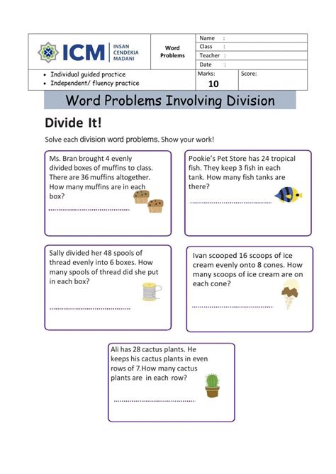 Solving Word Problems Involving Division Worksheet