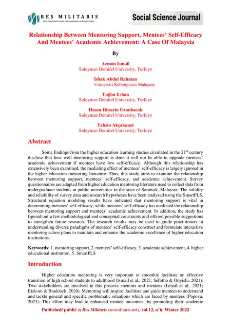 Pdf Relationship Between Mentoring Support Mentees Self Efficacy And Mentees Academic