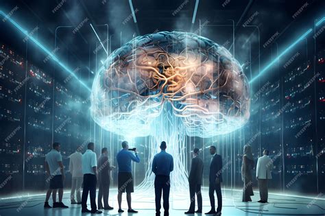 Premium AI Image | People looking at giant human brain as a supercomputer server in futuristic ...