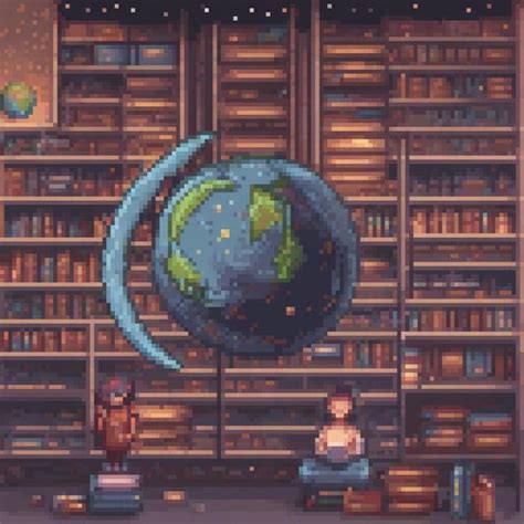 Pixel Art Library With Bookshelves And Globe Premium Ai Generated Image