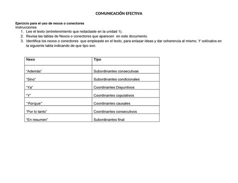 Nexos O Conectores Actividad 11 Comunicación Efectiva Ejercicio