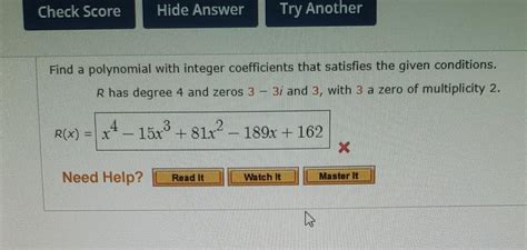 solved check score hide answer try another find a polynomial