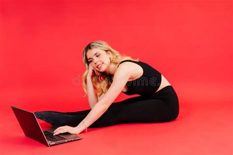 Happy Young Female Do Exercises Before Laptop Screen At Home Or In
