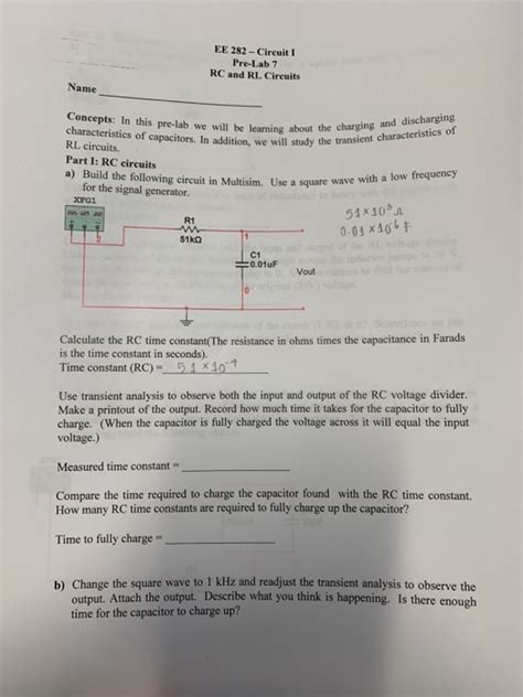 Solved Ee 282 Circuit Pre Lab 7 Rc And Rl Circuits Name
