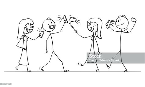 휴대 전화로 걷고 셀카를 찍는 사람들의 그룹 또는 군중의 벡터 만화 일러스트레이션 스틱피겨에 대한 스톡 벡터 아트 및 기타