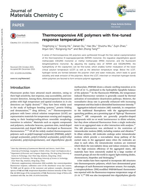 Pdf Thermoresponsive Aie Polymers With Fine Tuned Response Temperature