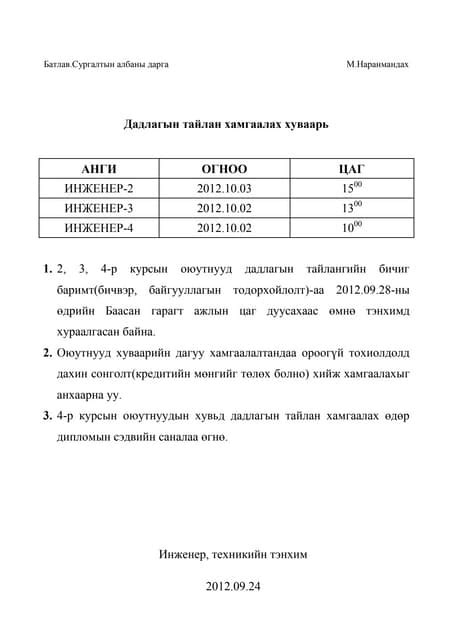 Дадлагын тайлан хамгаалах хуваарь Docx