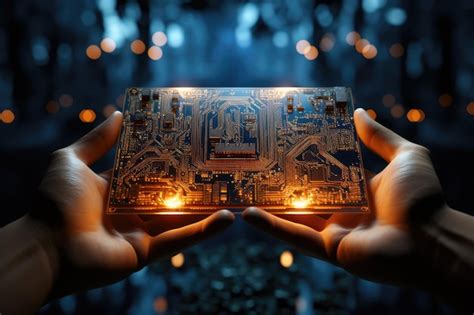 Premium Ai Image A Human Hand Holding A Glowing Blue Circuit Board With Intricate Circuit Ai