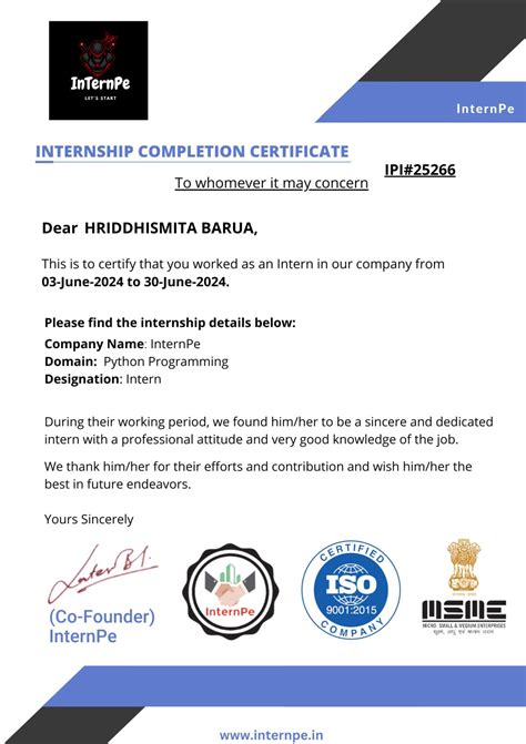 Hriddhismita Barua On Linkedin Successfully Completed A One Month Internship In Python