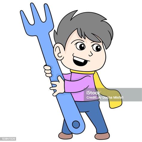 거대한 포크 벡터 일러스트 아트를 들고 행복한 미소 얼굴 소년 낙서 아이콘 이미지 가와이이 나름에 대한 스톡 벡터 아트 및 기타 이미지 Istock
