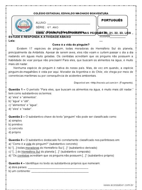 Atividade Sobre Substantivo 6 Ano Pdf Pinguim