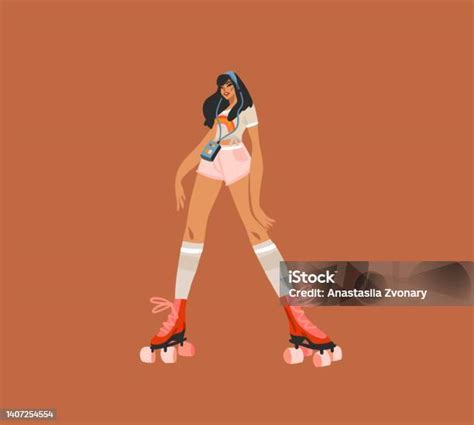손으로 그린 벡터 추상 플랫 스톡 현대 그래픽 일러스트 캐릭터의 젊은 여름 행복 복고풍 빈티지 히피 걸 롤러 스케이트 90 년대