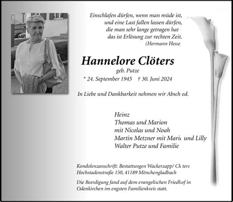 Alle Traueranzeigen für Hannelore Clöters trauer rp online de