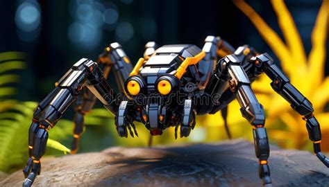 Futuristic Robotic Spider On A Rock In Vibrant Natural Forest