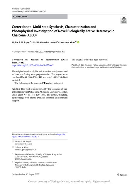 Correction To Multi‑step Synthesis Characterization And Photophysical Investigation Of Novel