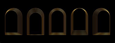 어두운 배경에 고립 된 금 동심원 아치 프레임 세트 트렌디한 보헤미안 스타일의 황금 호 모양 아치형 통로 형태의 빛나는 창 문 또는 포털 실루엣 벡터 일러스트 레이 션 0