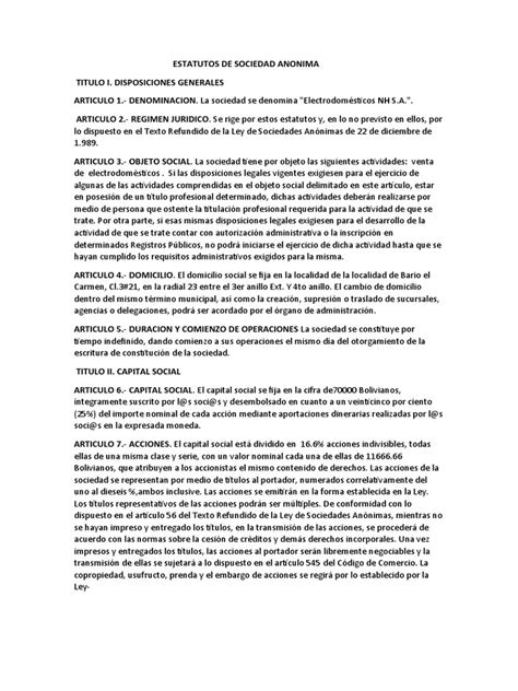 Estatutos De Sociedad Anonima Descargar Gratis Pdf Sociedad De