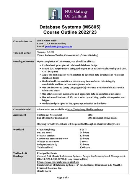 Ms805 Course Outline 2022 23 Pdf Databases Sql